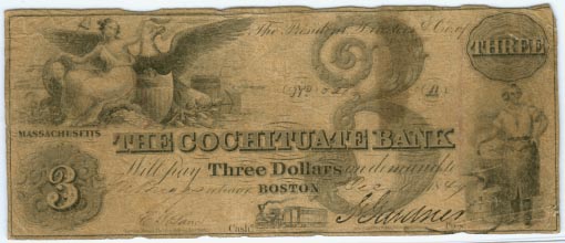 Massachusetts Obsolete Currency - $3 1849 The Cochituate Bank, Boston