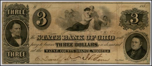 Ohio Obsolete Currency - $3 1862 State Bank Of Ohio, Wooster, W-2870-17 R7