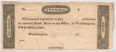 Ohio Obsolete Currency - $2 18xx Ezra Griswold, Worthington