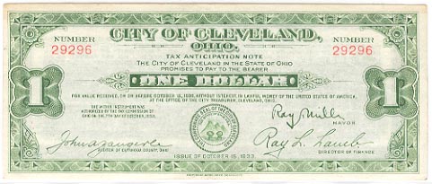 Ohio Obsolete Currency - $1 1933 City Of Cleveland Tax Anticipation Note