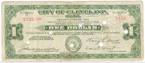 Ohio Obsolete Currency - $1 1934 City Of Cleveland Tax Anticipation Note
