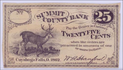 Ohio Obsolete Currency - $.25 1862 Summit Co Bank, Cuyahoga Falls