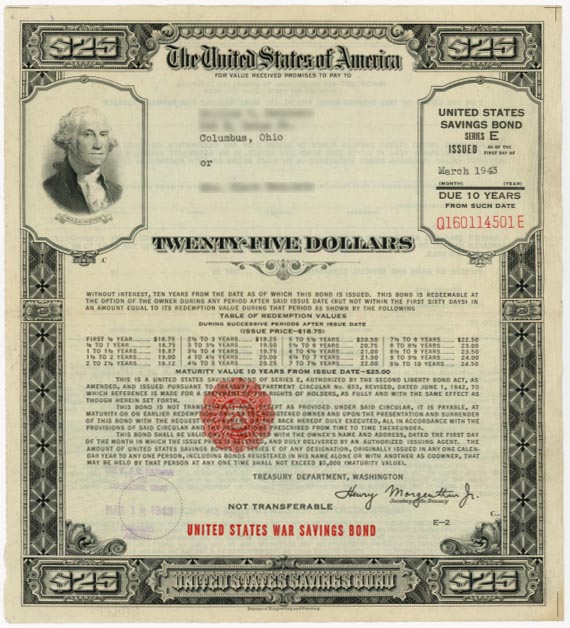 United States Obsolete Currency - $25 1943 War Savings Bond, Series E